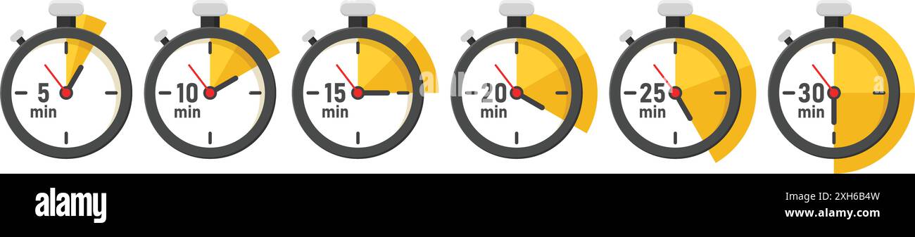 From 5 Minutes To 30 Minutes On Stopwatch Icon In Flat Style Clock