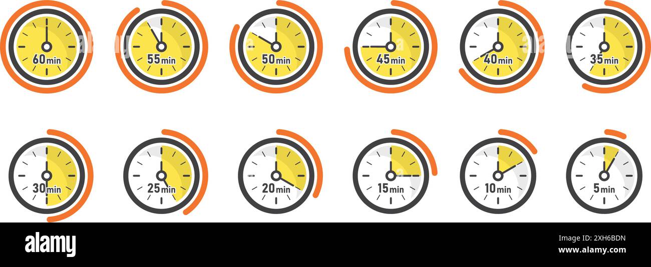 From 5 Minutes To 60 Minutes On Stopwatch Icon In Flat Style Clock