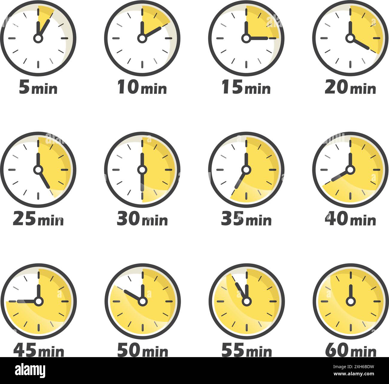 From 5 Minutes To 60 Minutes On Stopwatch Icon In Flat Style Clock