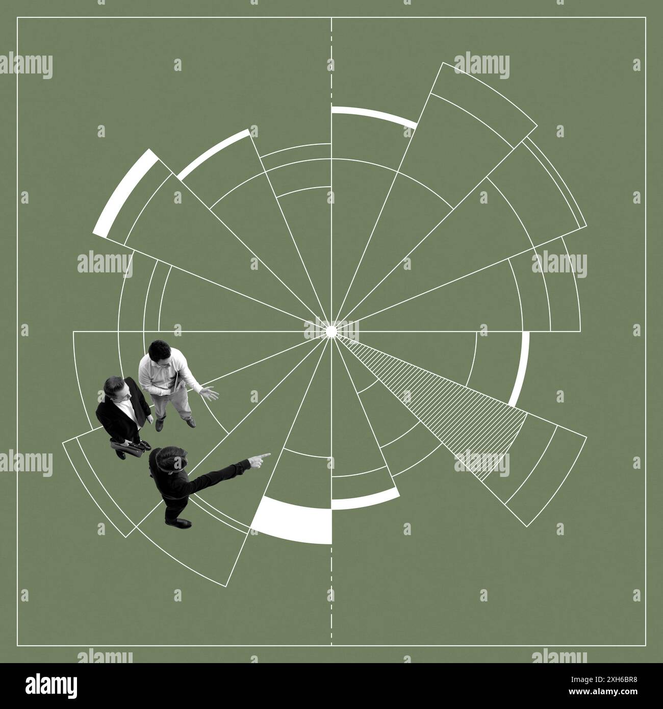 Three male employees standing inside radial chart discussing strategies ...
