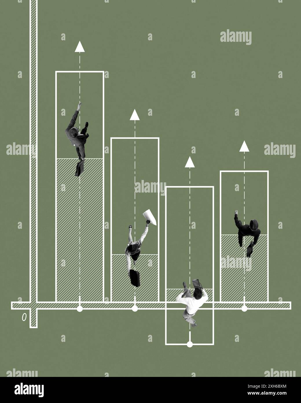 Four business people running inside bar charts with upward arrows ...