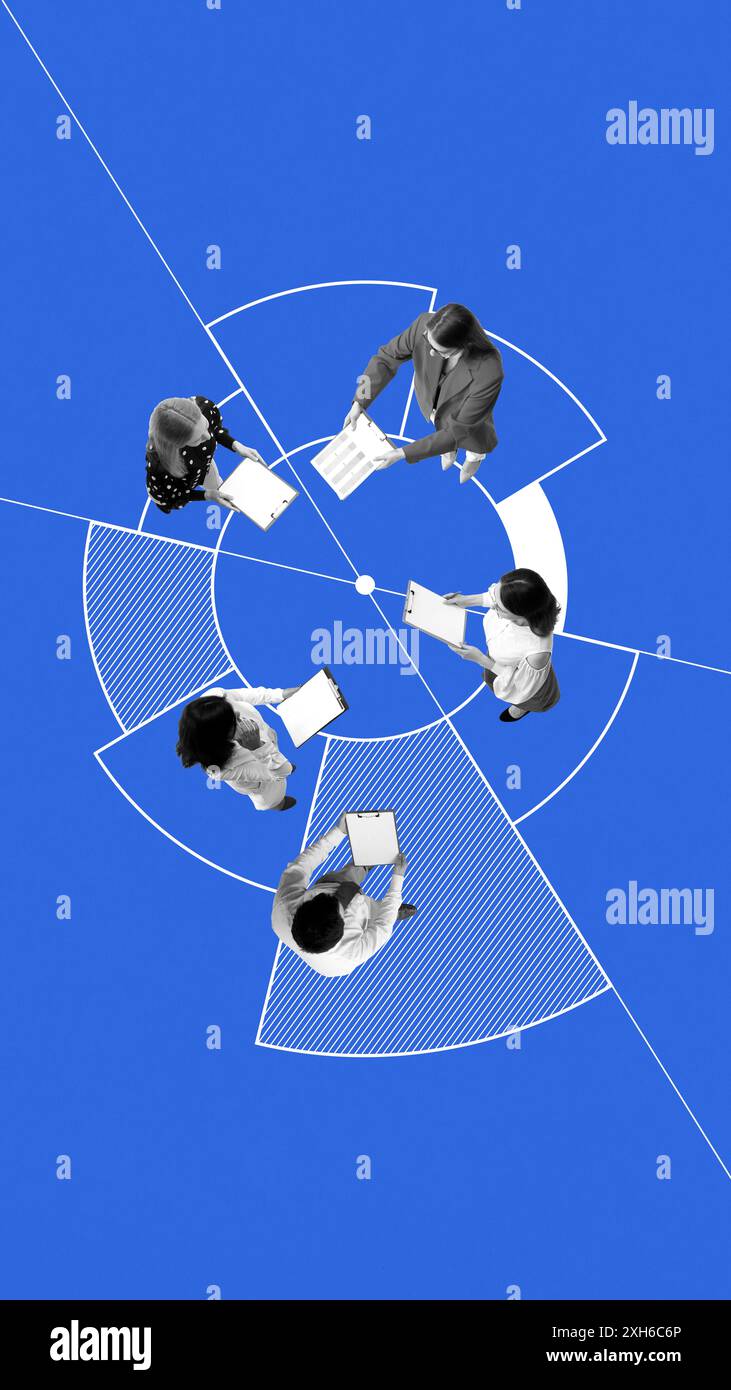 Five employees stand in radial chart, holding documents. Collaboration ...