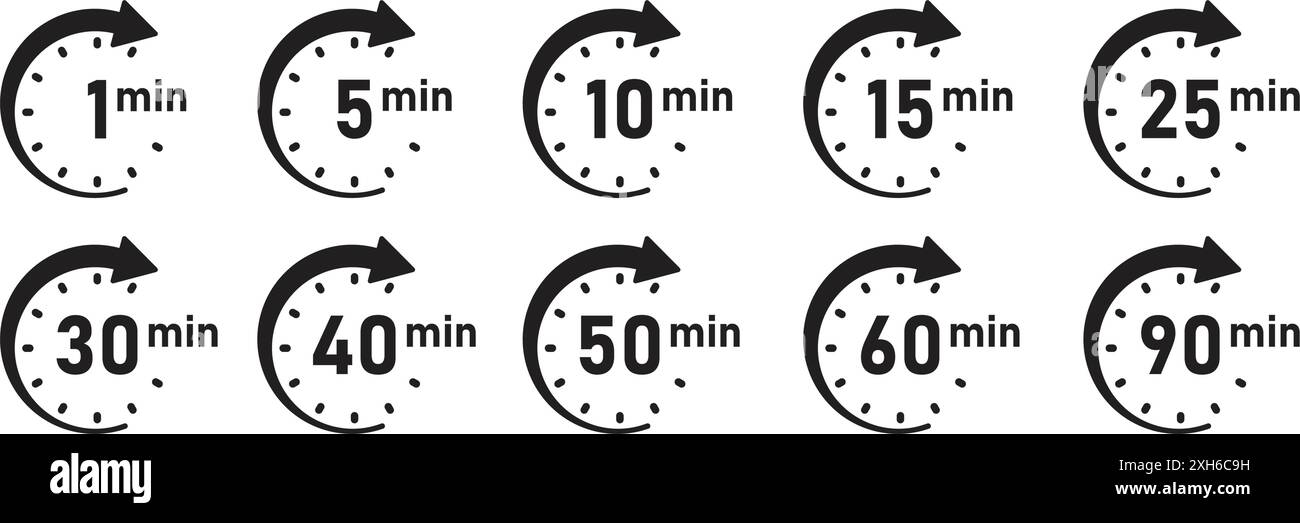 From 1 minite to 90 minutes on stopwatch icon in flat style. Clock face ...