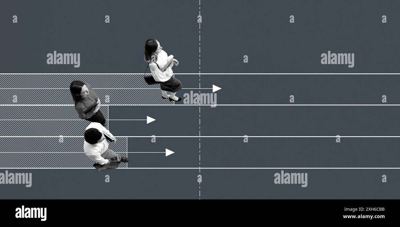 Three business professionals walking along parallel lines with arrows ...