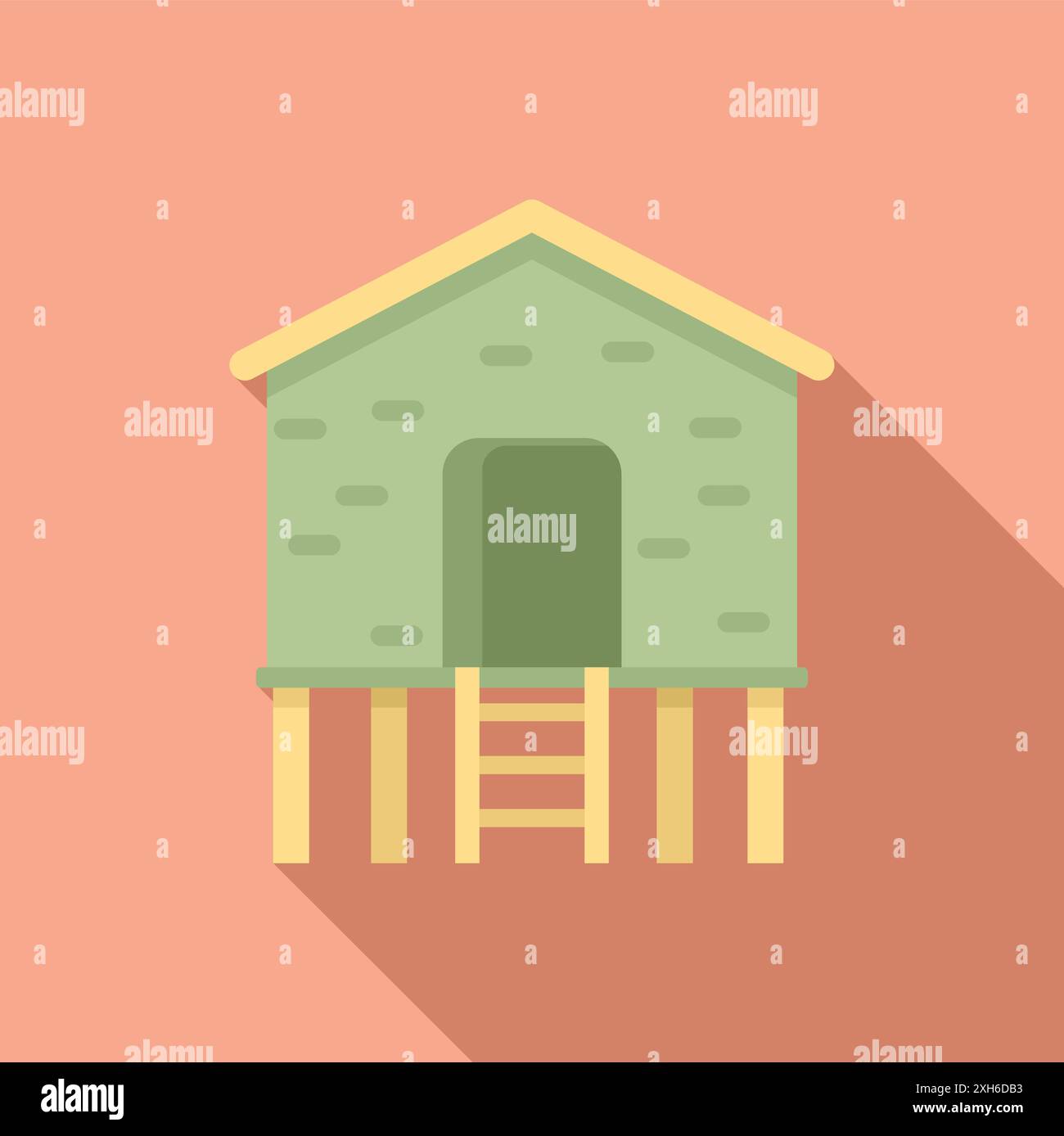 Simple green stilt house with wooden ladder and long shadow on pink ...