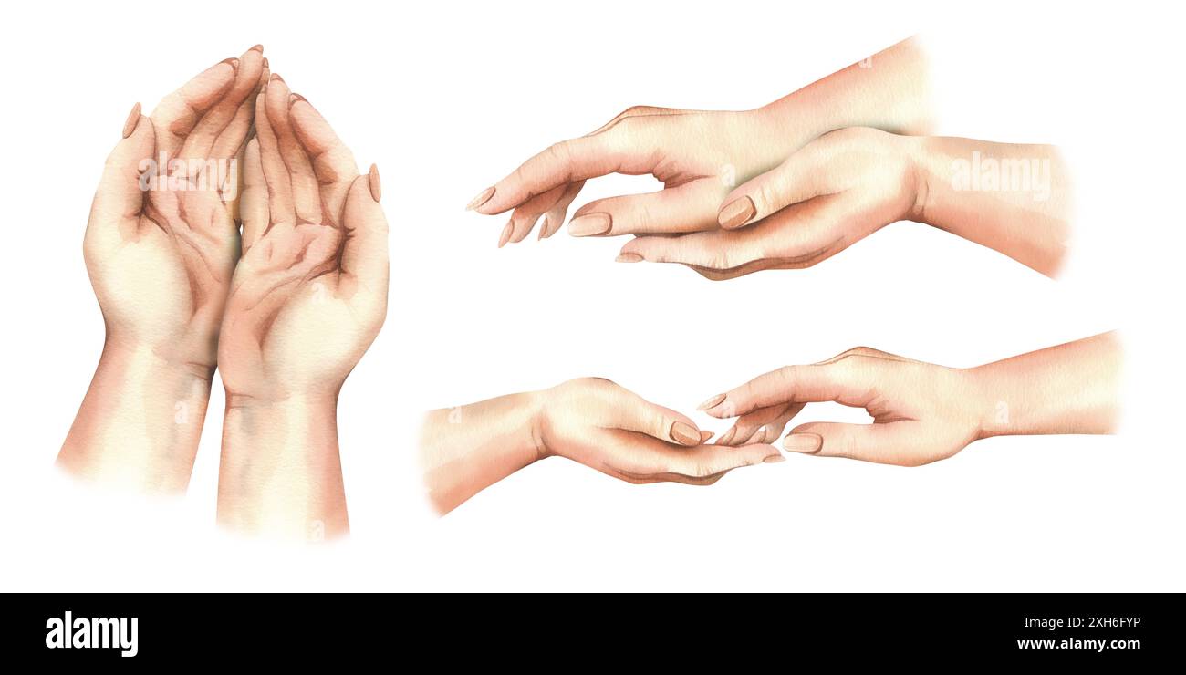 Hands of a white woman, palms side view, reaching towards each other to ...