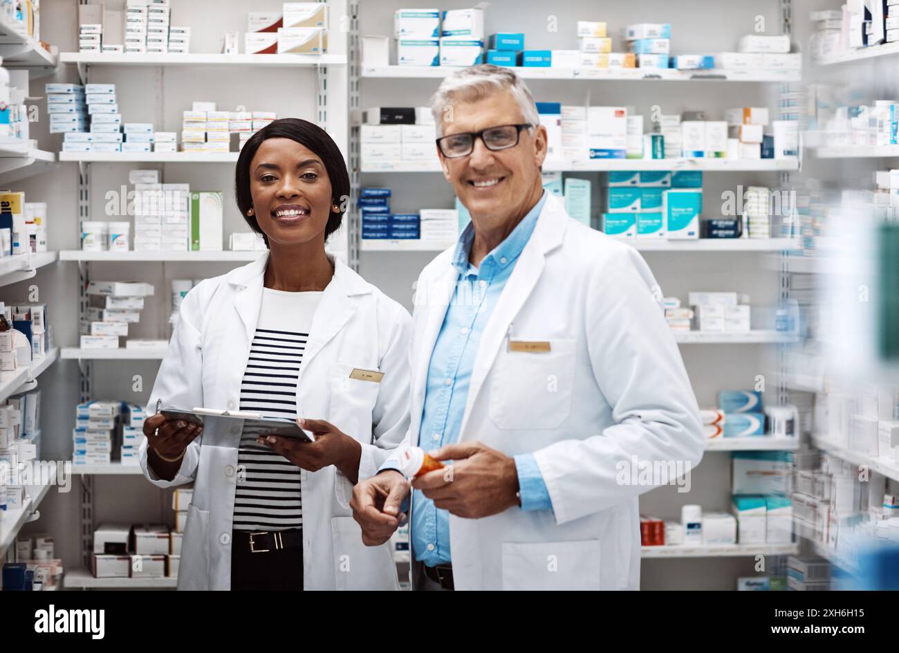 Healthcare, portrait and people with clipboard in pharmacy for ...