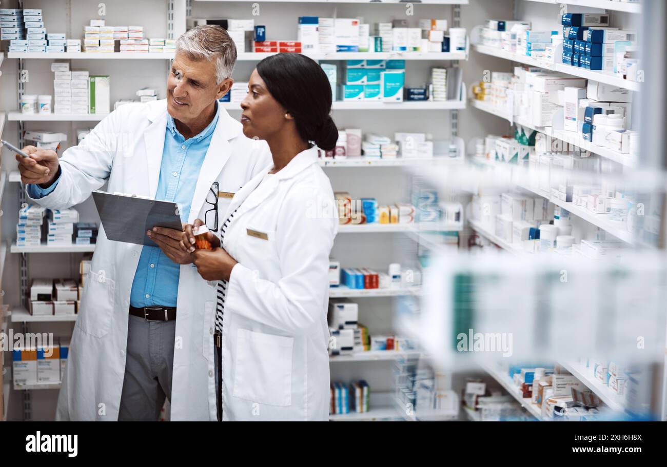 Healthcare, people and discussion with checklist in pharmacy for ...