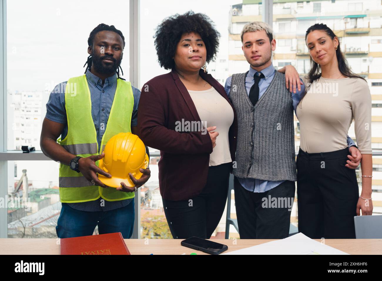 Group portrait, Multiethnic workers in office, there is African man ...