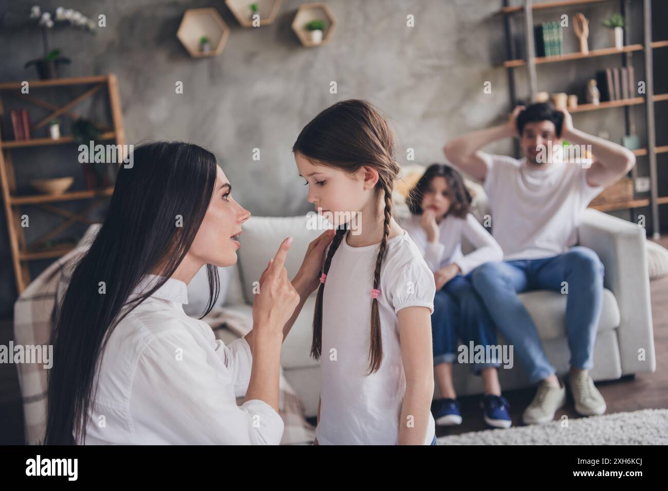 Photo of strict serious mom dad children wear casual outfits getting ...