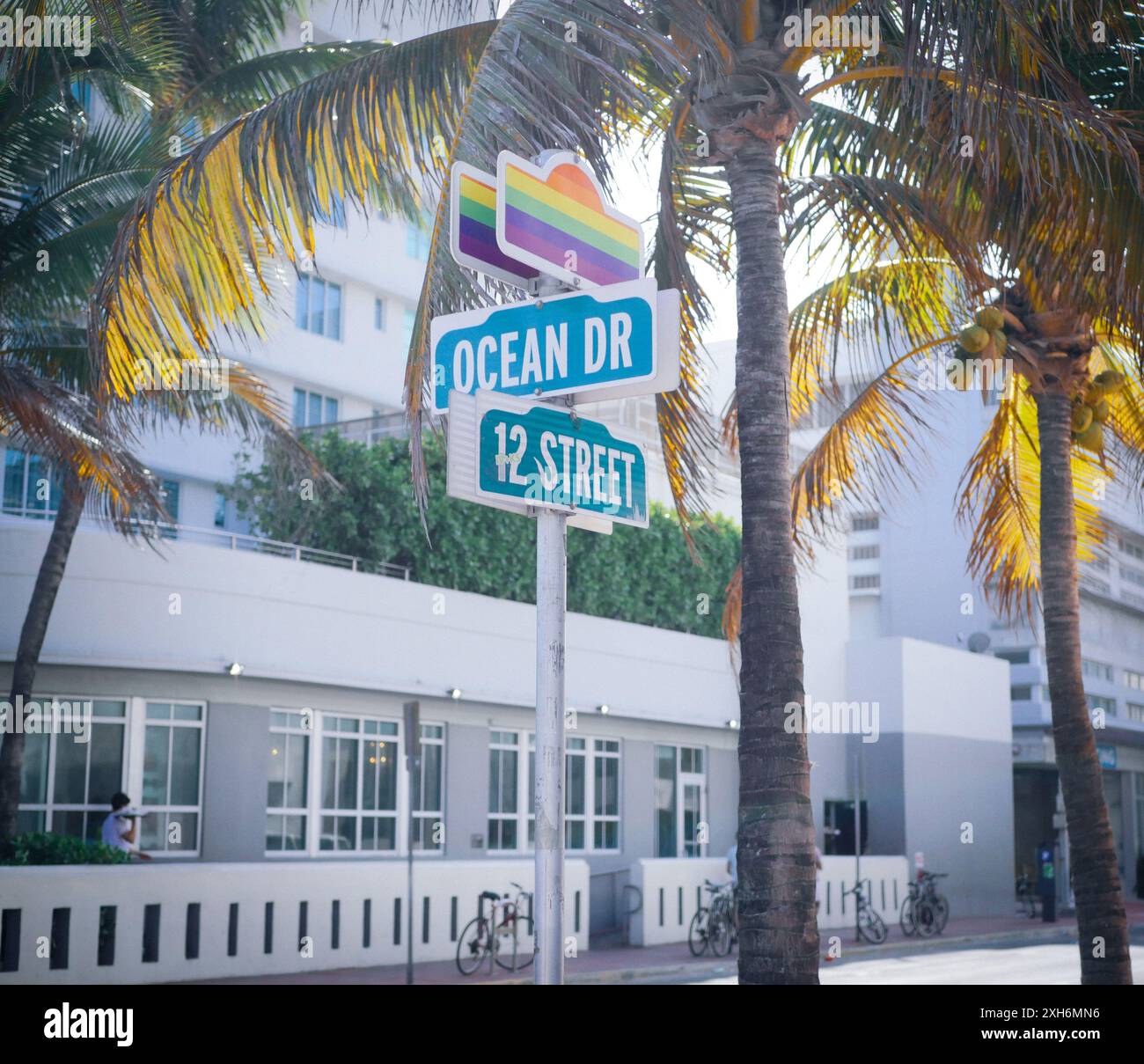 Famous Ocean Drive street name sign in the city of Miami, with a LGBTQ ...