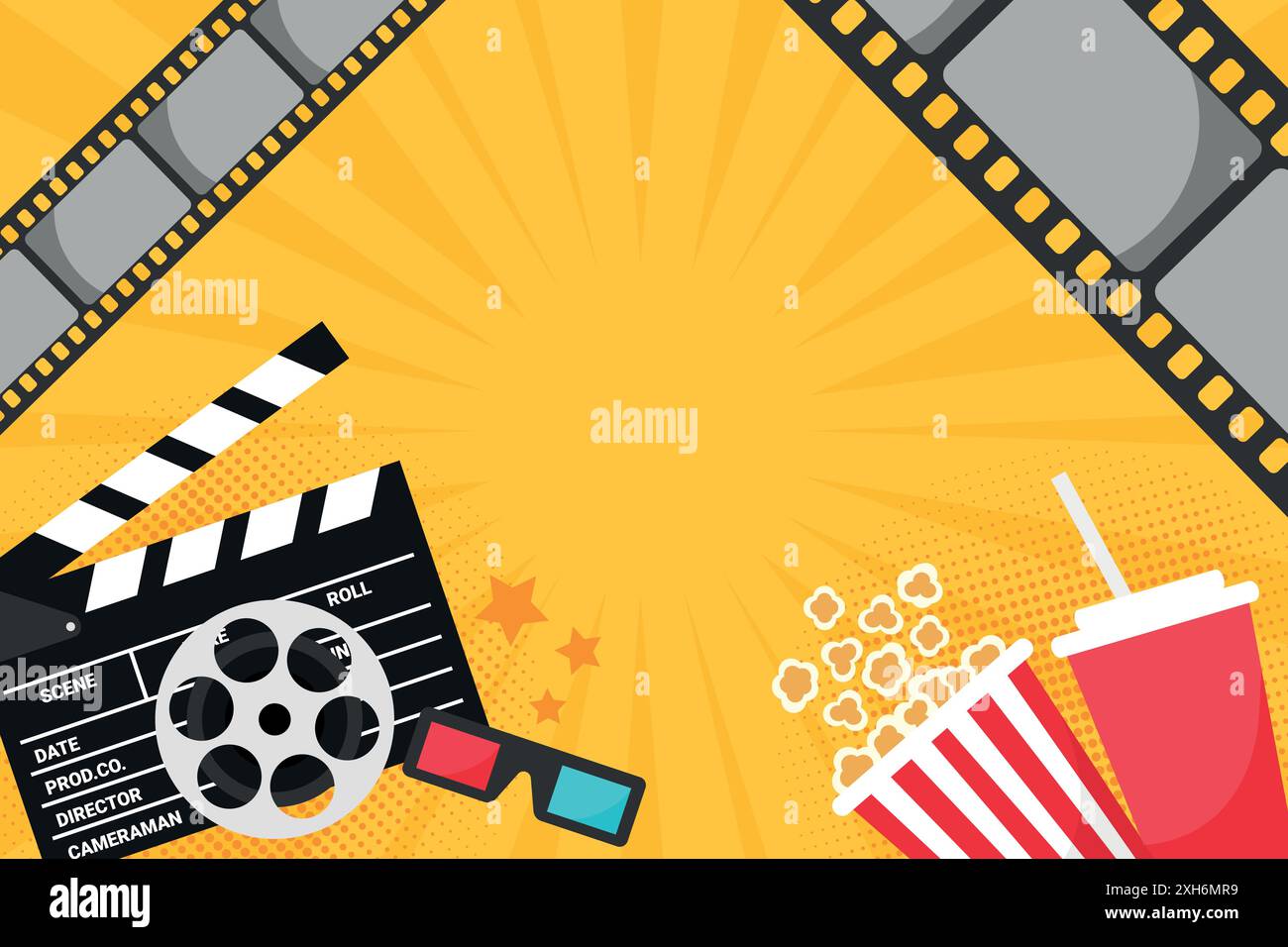 Cinema movie banner with pop art style elements. Popcorn bucket, cold ...