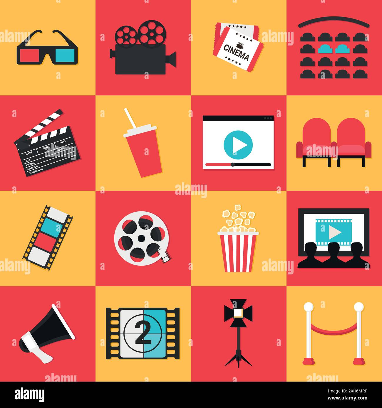 Cinema movie icons set. 3d glasses, camera, tickets, movie theater ...