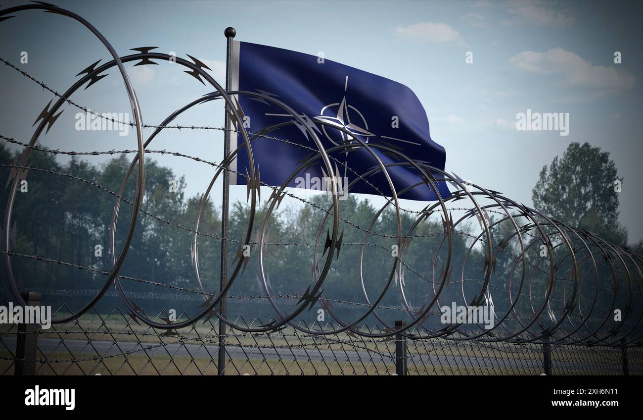Barbed wire fence and flag of NATO - 3d illustration Stock Photo - Alamy