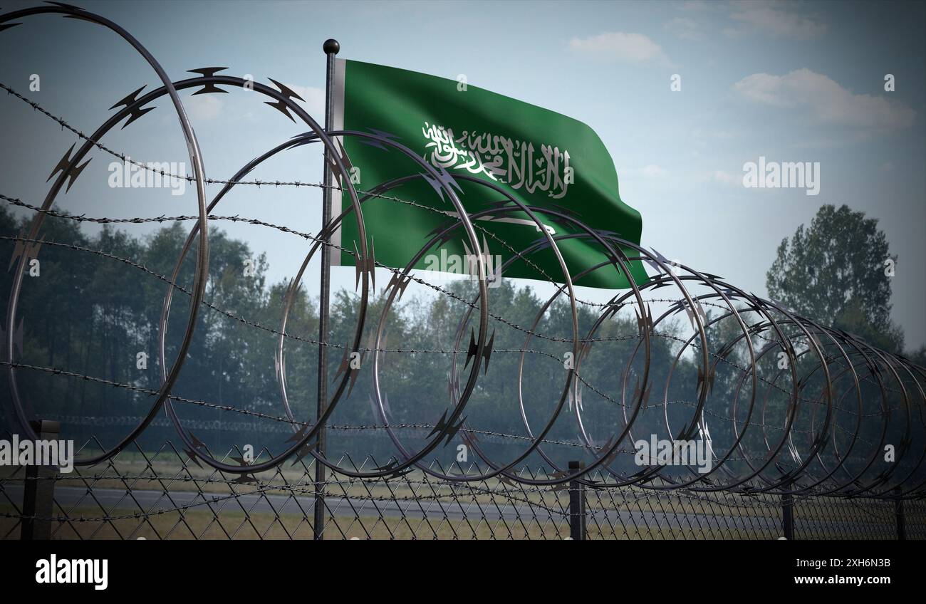 Barbed wire fence and flag of Saudi Arabia - 3d illustration Stock ...