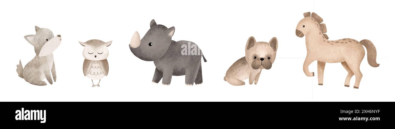 Set of cartoon animals. Hand drawn illustration of beige French Bulldog ...