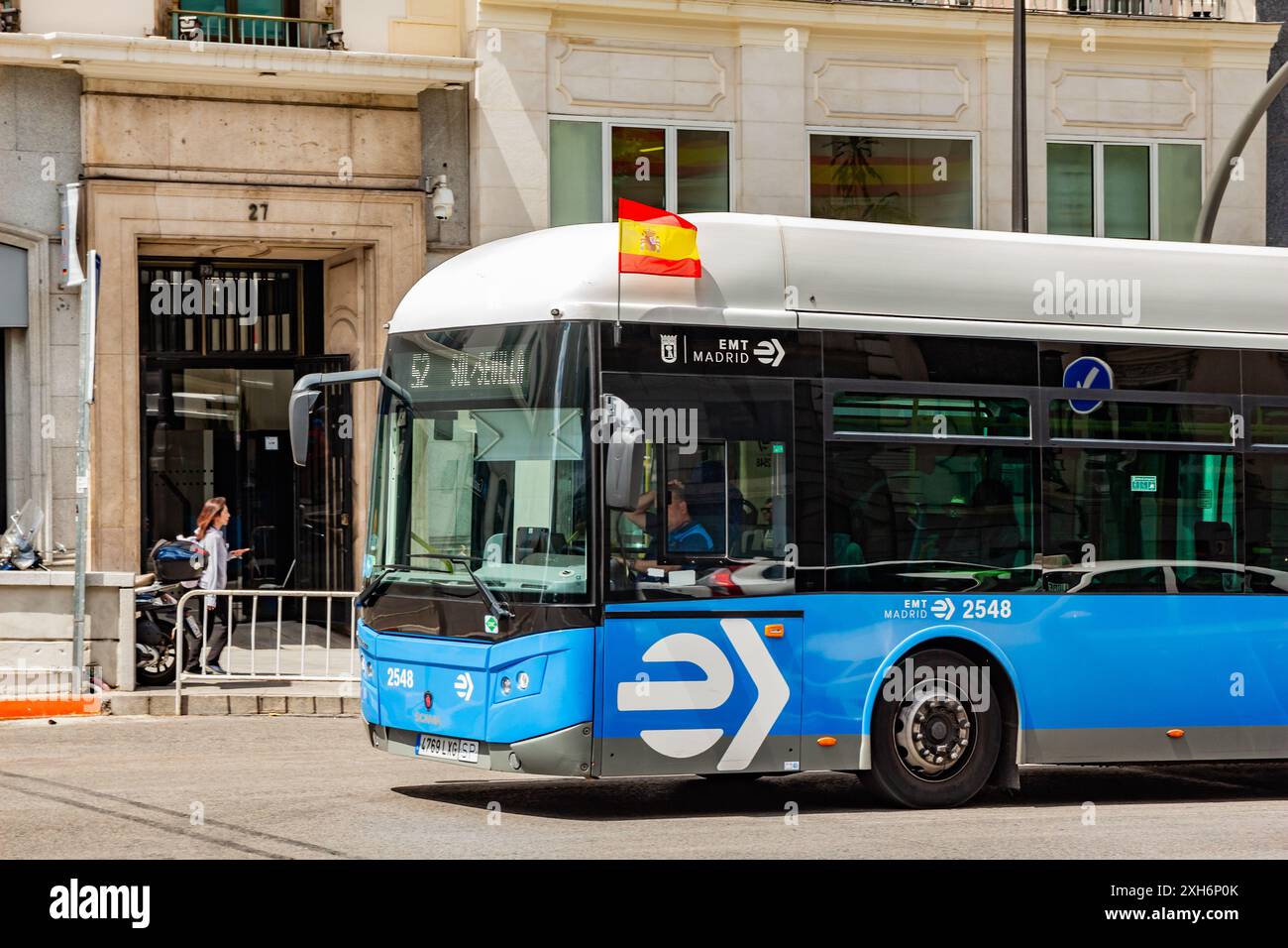 06.19.2024, Madrid, Spain: Madrid blue public bus in the street with ...