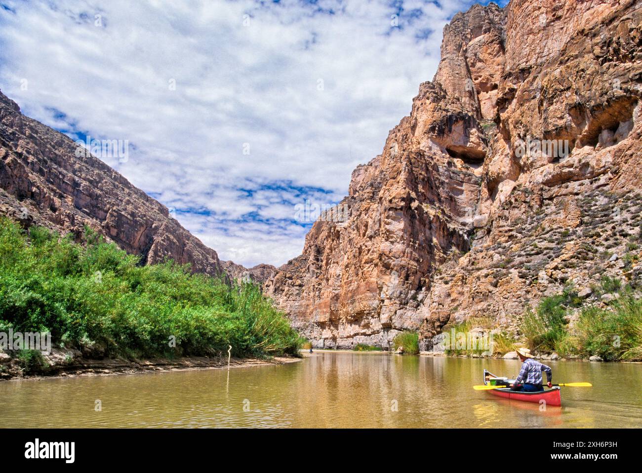 Canoeist entering Boquillas Canyon, Rio Grande, Big Bend National Park ...