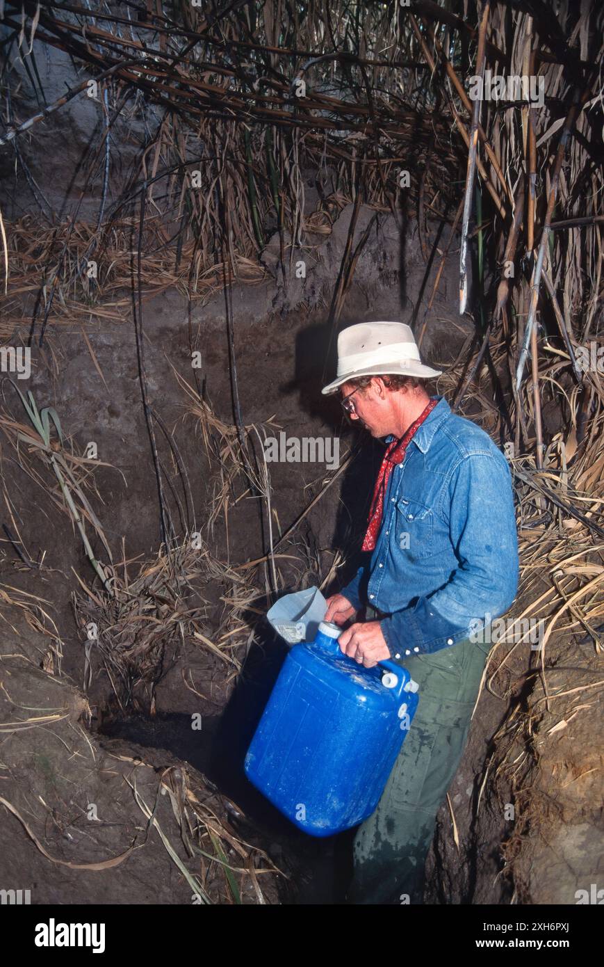 Canoeist filling water container, hot springs at Rio Grande, The Lower ...