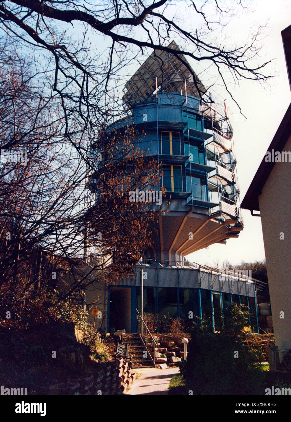 "The rotatable, cylindrical solar house ""Heliotrop"" is glazed on one ...