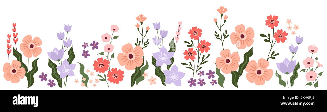 Horizontal background with beautiful colorful flowers and leaves ...