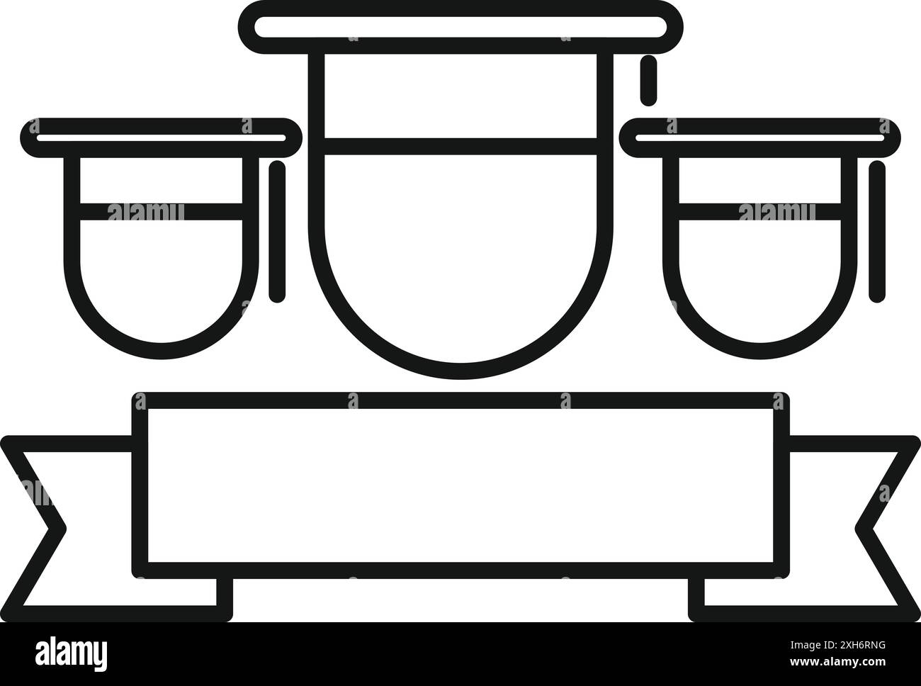 Graduation ceremony stage with three mortarboards and a banner ...