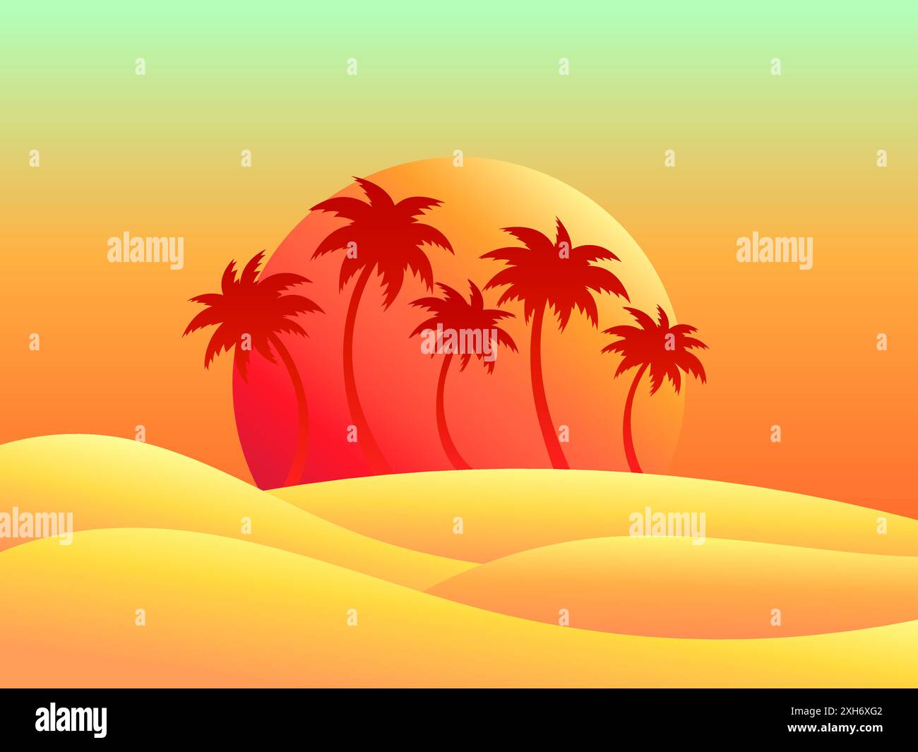 Landscape with palm trees in the desert. Sunset over sand dunes ...