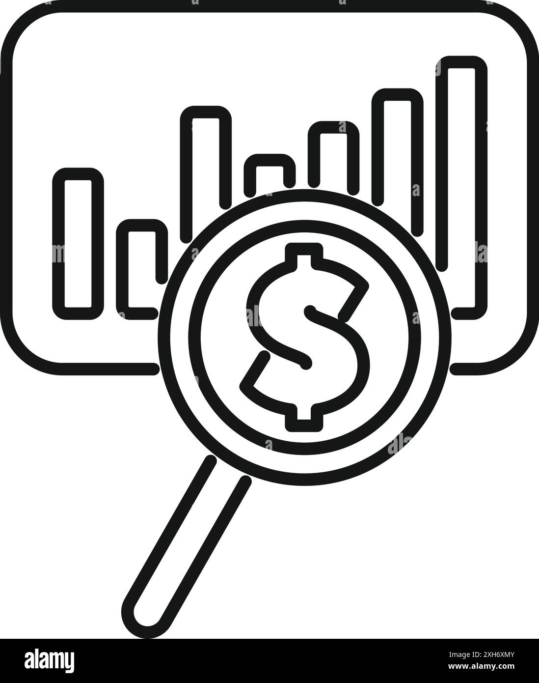 Magnifying glass is focusing on a dollar sign in front of a bar graph ...