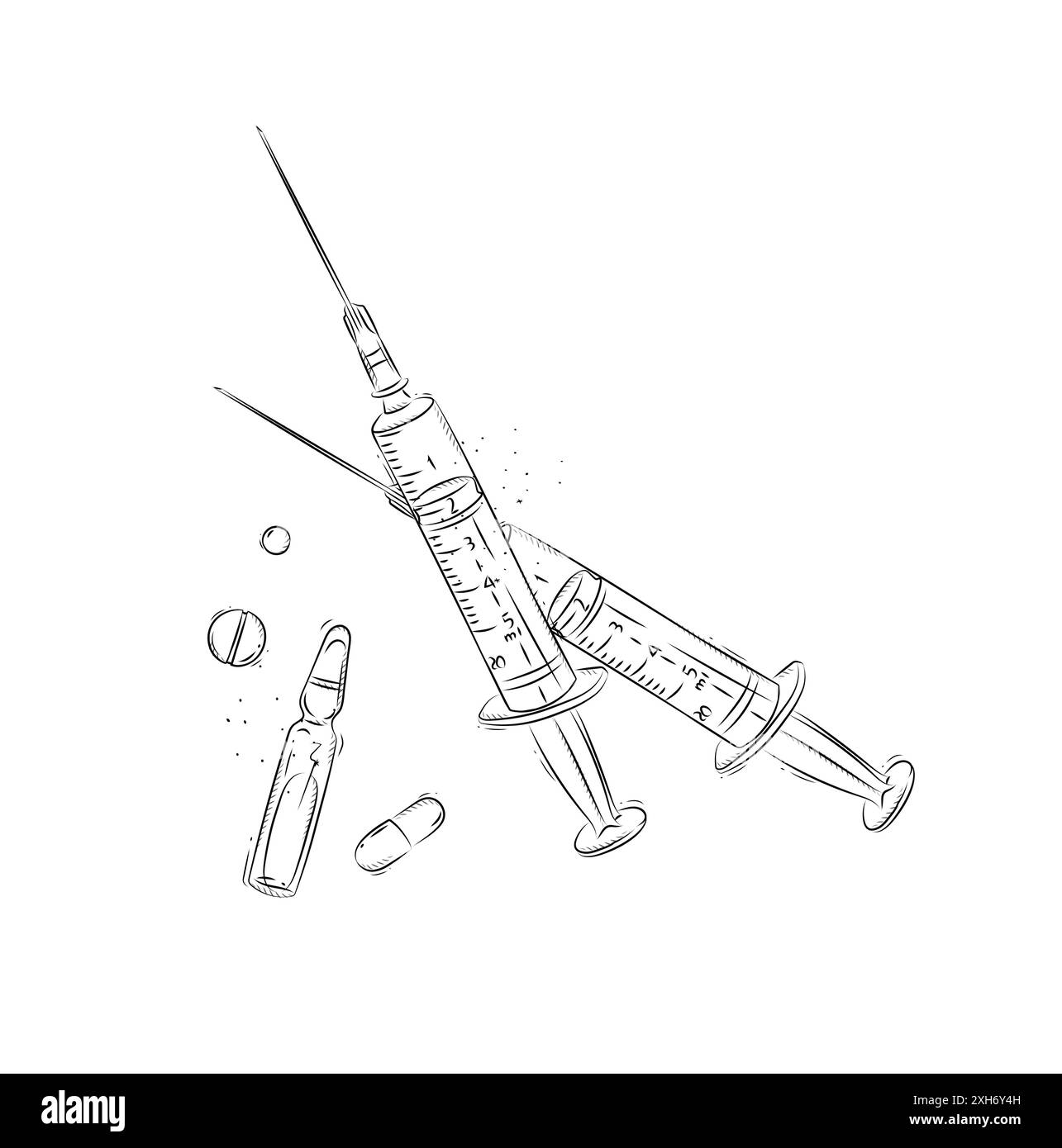 Syringe, ampoules and pills composition drawing in graphic style on ...
