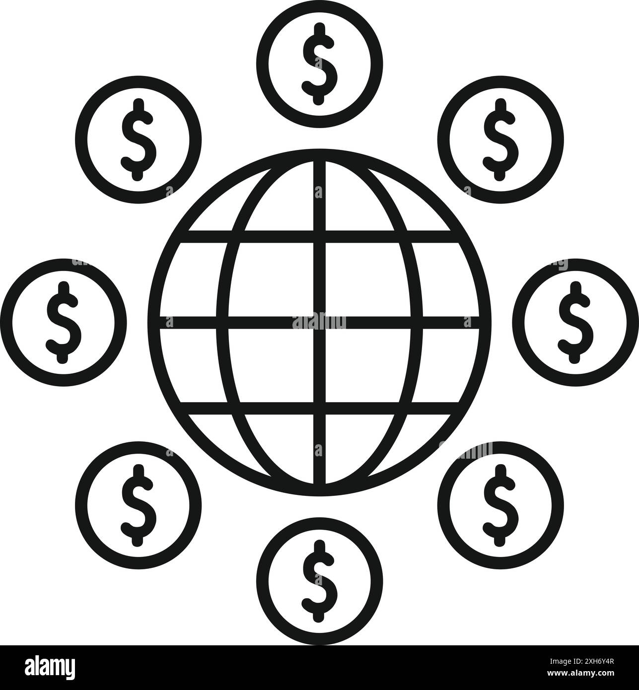 Line art style icon of global economy concept featuring planet earth surrounded by dollar coins ...