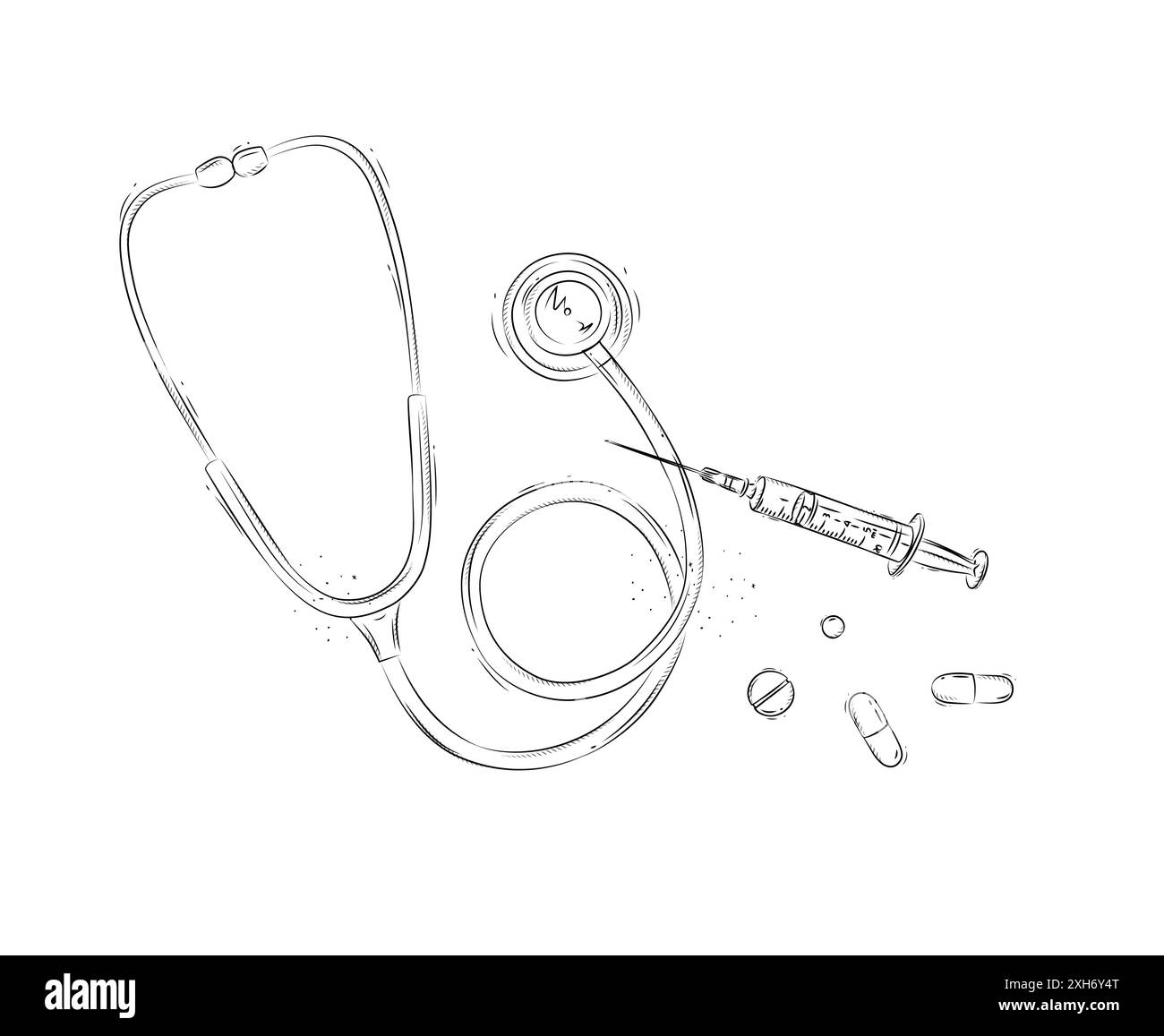 Stethoscope, syringe and pills composition for medical purposes drawing ...