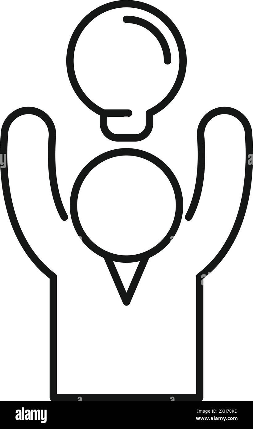 Line icon of a businessman raising his arms with a light bulb above his head, symbolizing a new ...