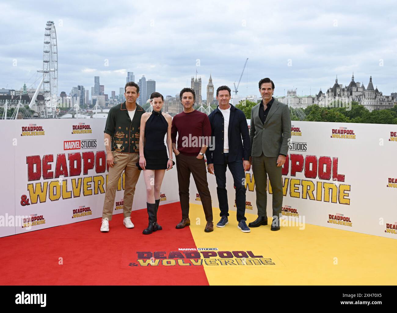 London, UK. 12th July, 2024. Shawn Levy, Hugh Jackman, Ryan Reynolds ...