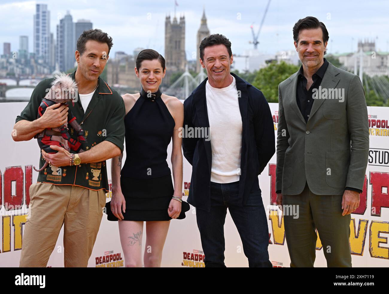 London, UK. 12th July, 2024. Hugh Jackman, Ryan Reynolds, Rob Delaney ...