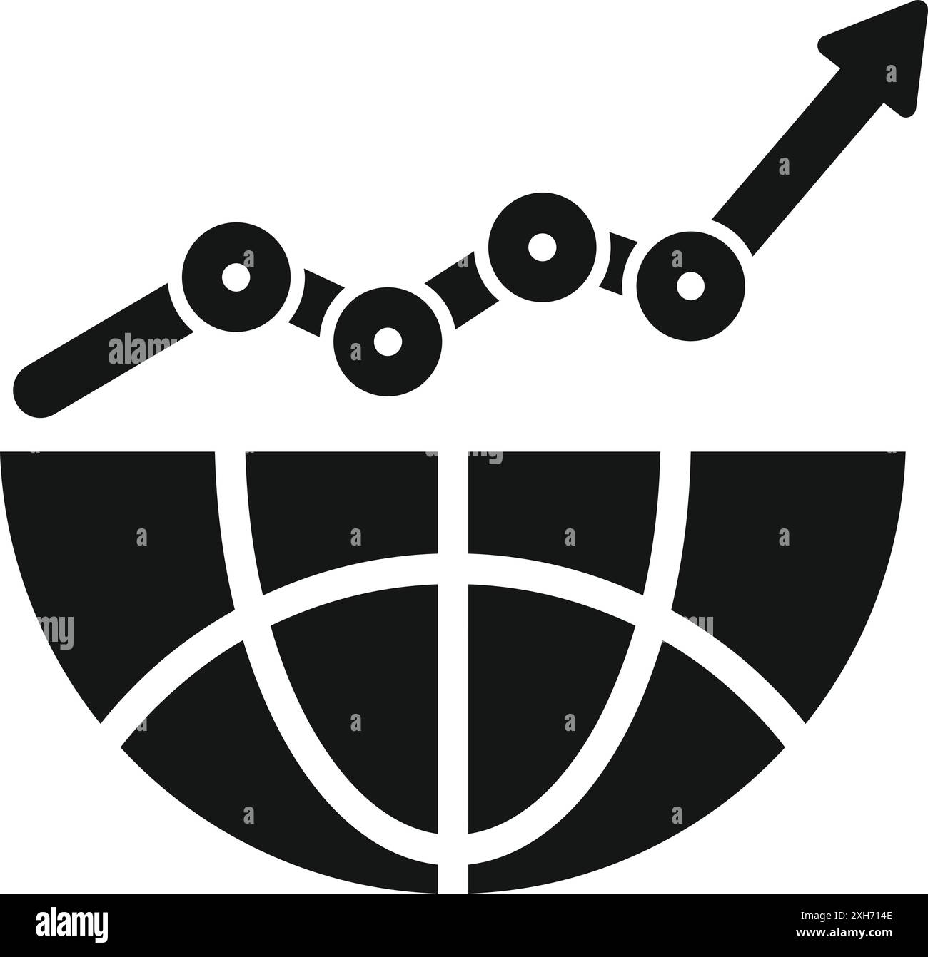 Black and white icon of a line graph trending upwards over a world map ...