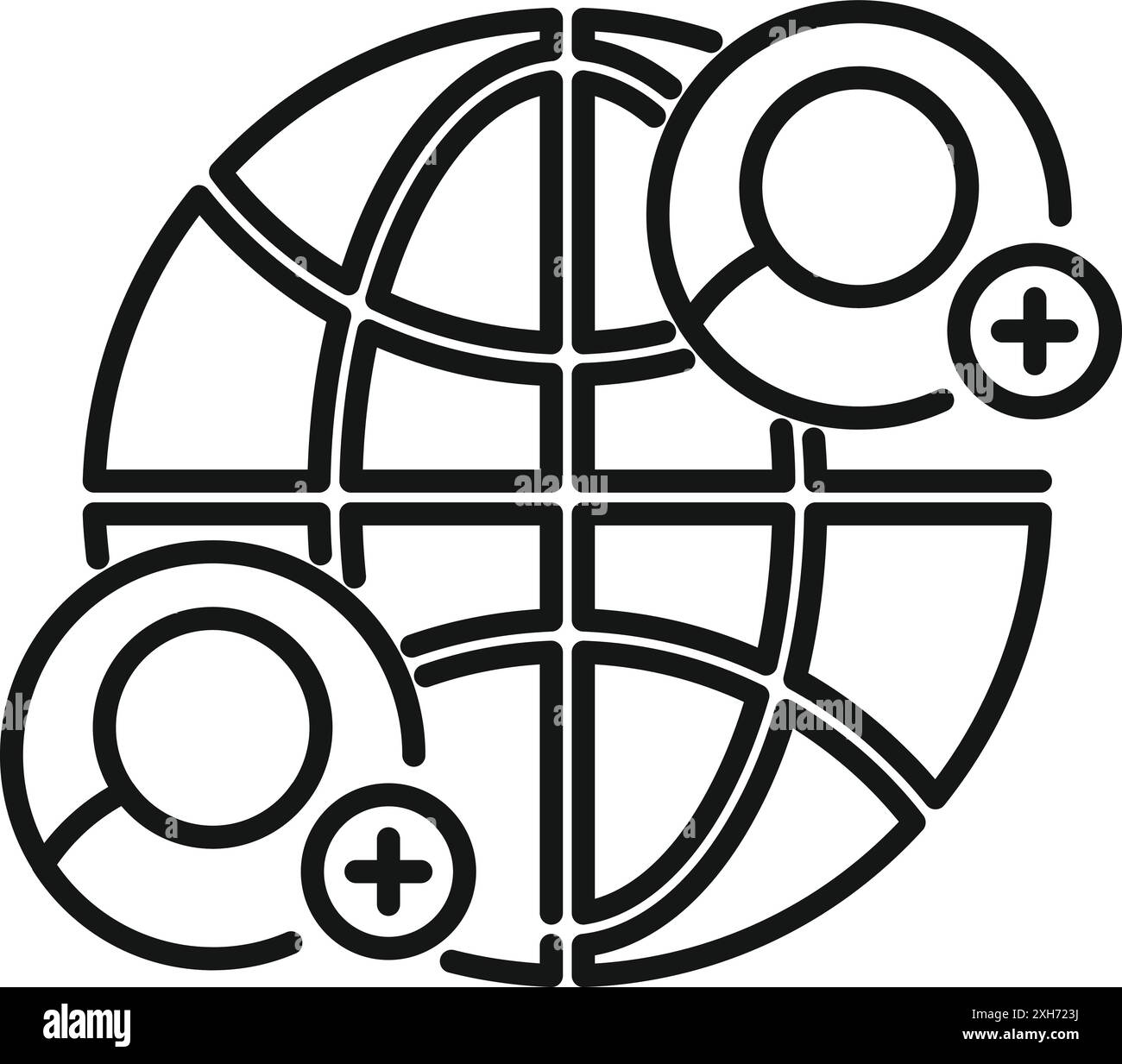 Line art illustration of a globe with two people icons being added ...
