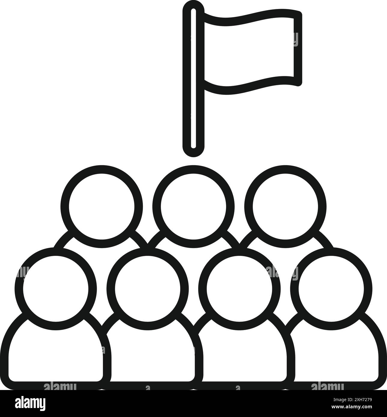 Line art style icon of a group of people standing together with a flag ...