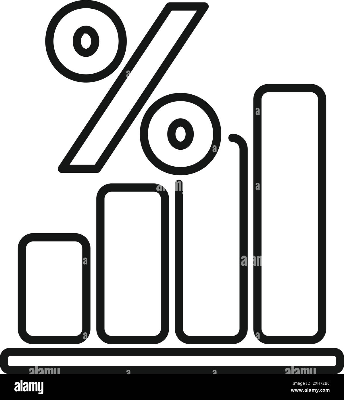 Line art icon style depicting a percentage sign placed on a rising bar ...