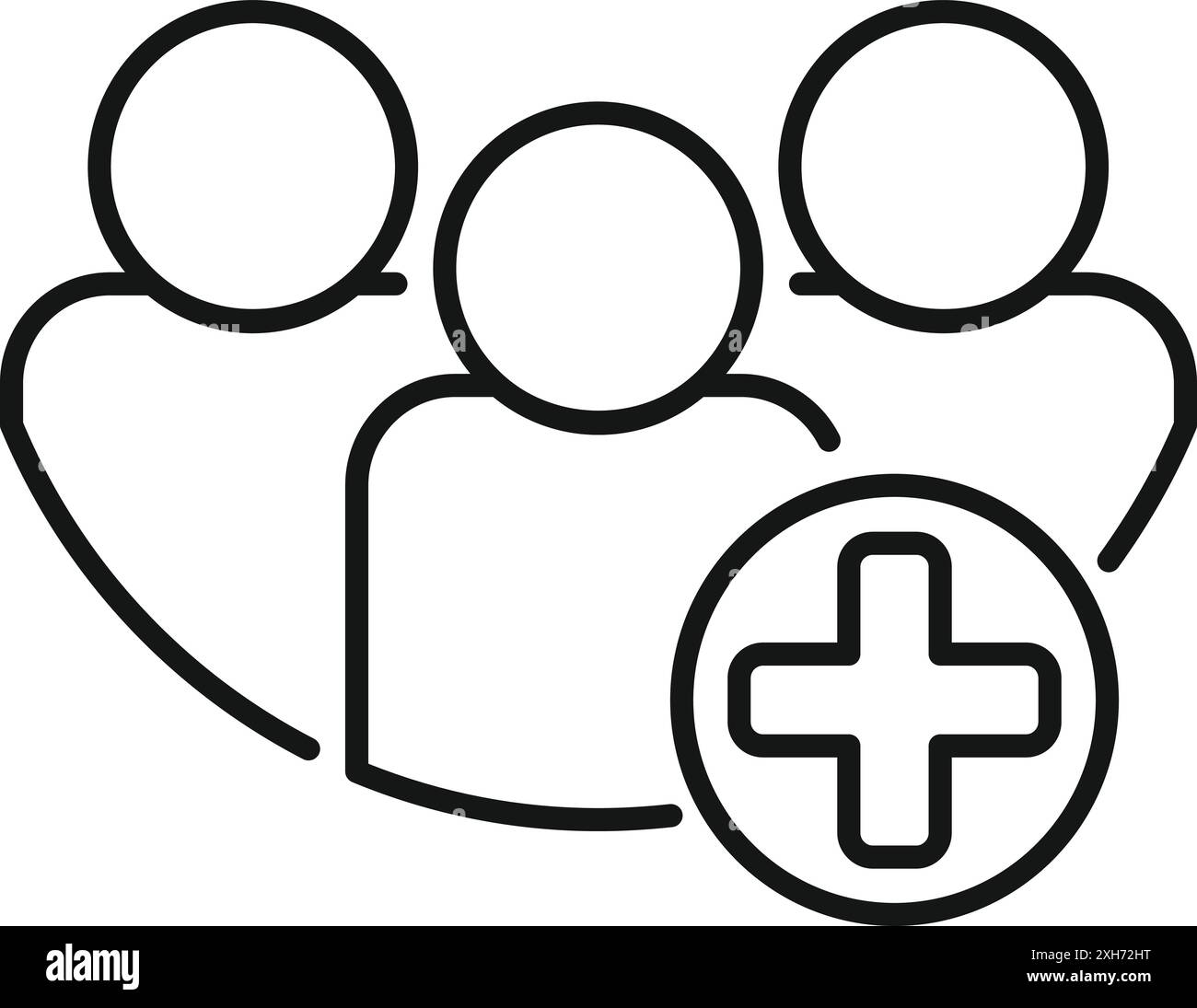 Line art style icon of three people icons with a plus sign, representing adding a new member to ...