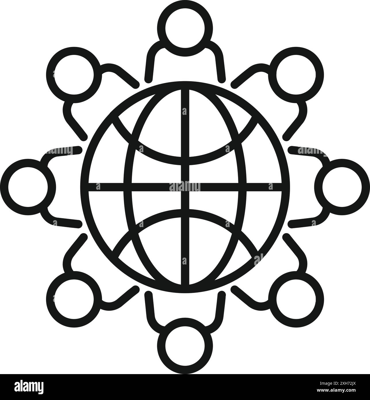 Line art icon of people holding hands around a globe, representing global unity and ...