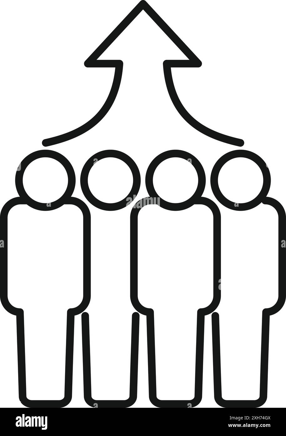 Four business people are standing together under a rising arrow ...