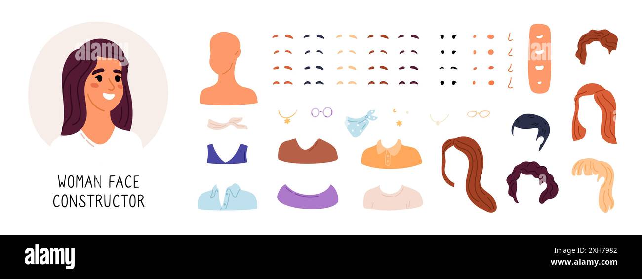 Woman face constructor. Cartoon female character. Girl avatar creation ...