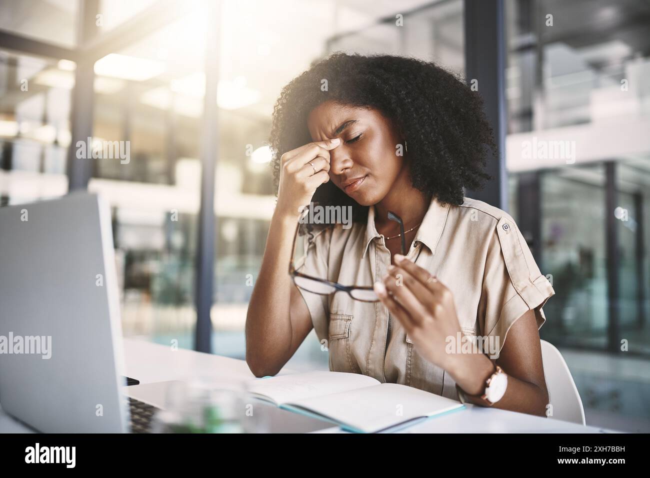 Office, black woman and eye strain with headache for stress, poor ...