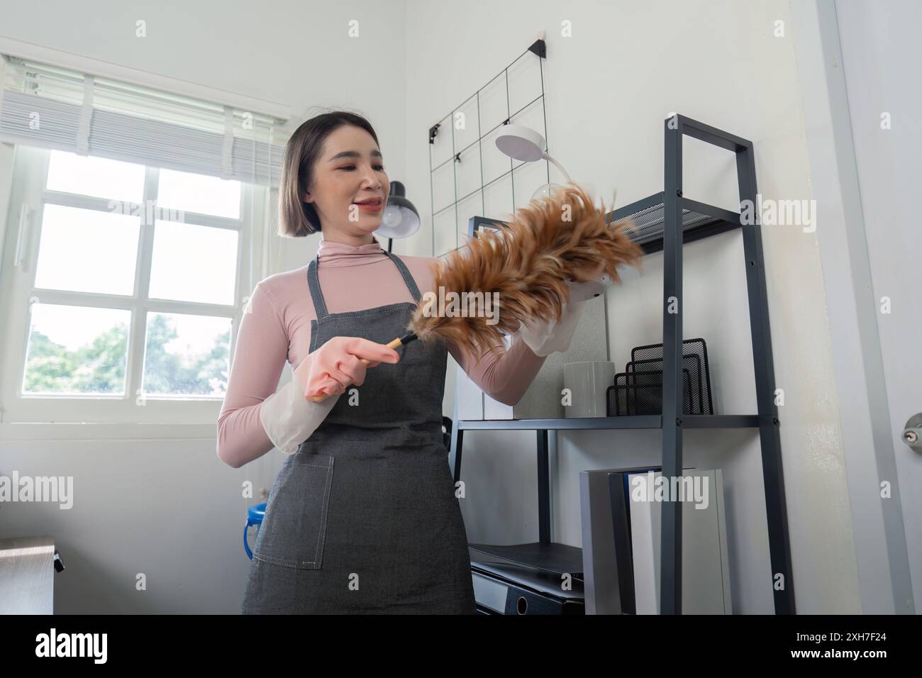 Professional Housekeeper Dusting Shelves in Modern Home Interior with ...