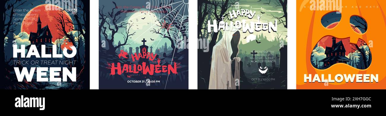 Halloween horror party square banner set. Spooky Jack o lantern pumpkin ...
