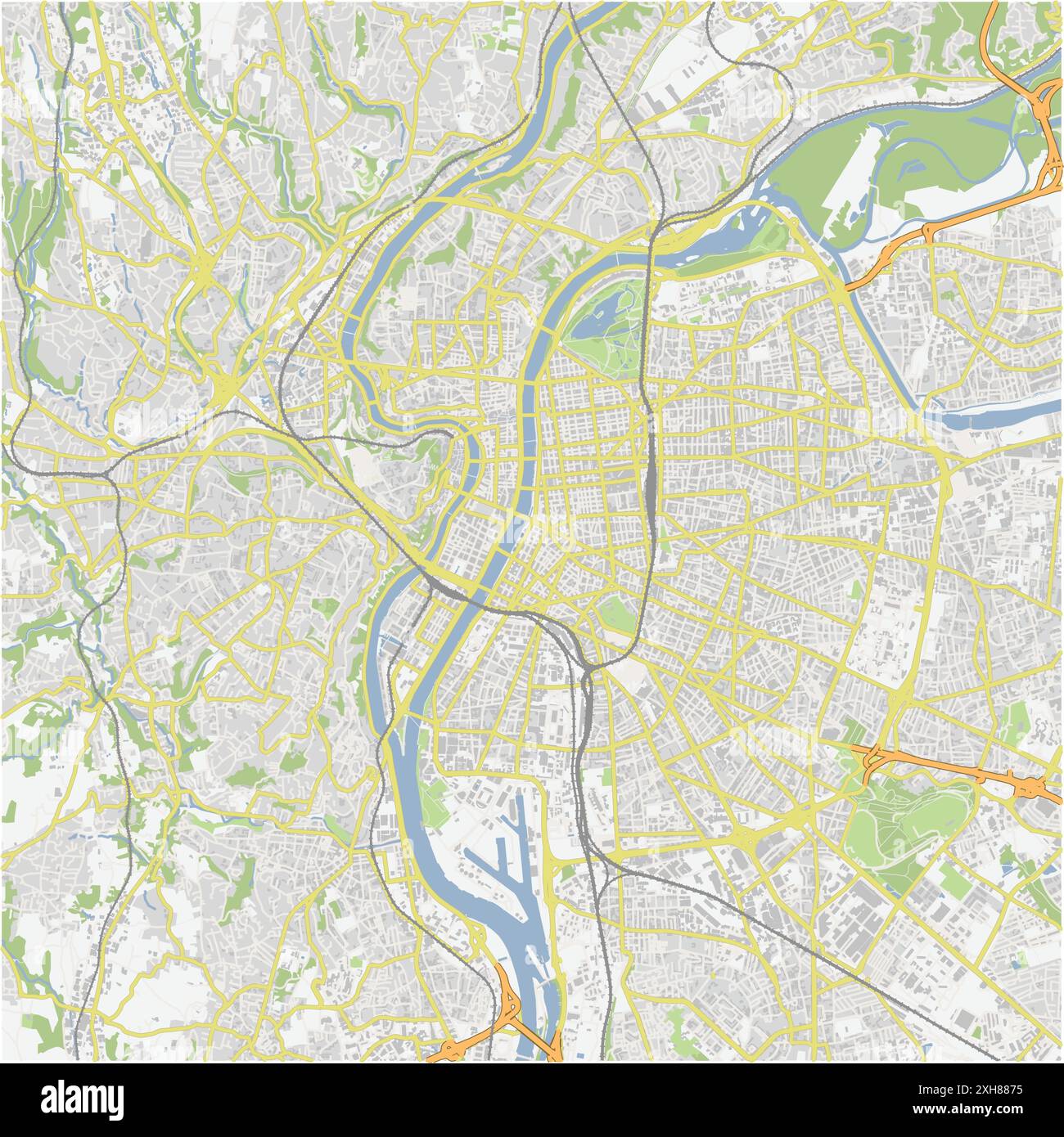 Road map of Lyon in France. Contains layered vector with roads water ...