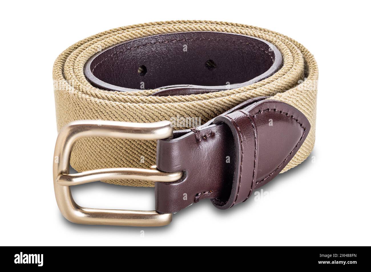 Closeup view of single men's metal buckle stretch braided belt isolated ...