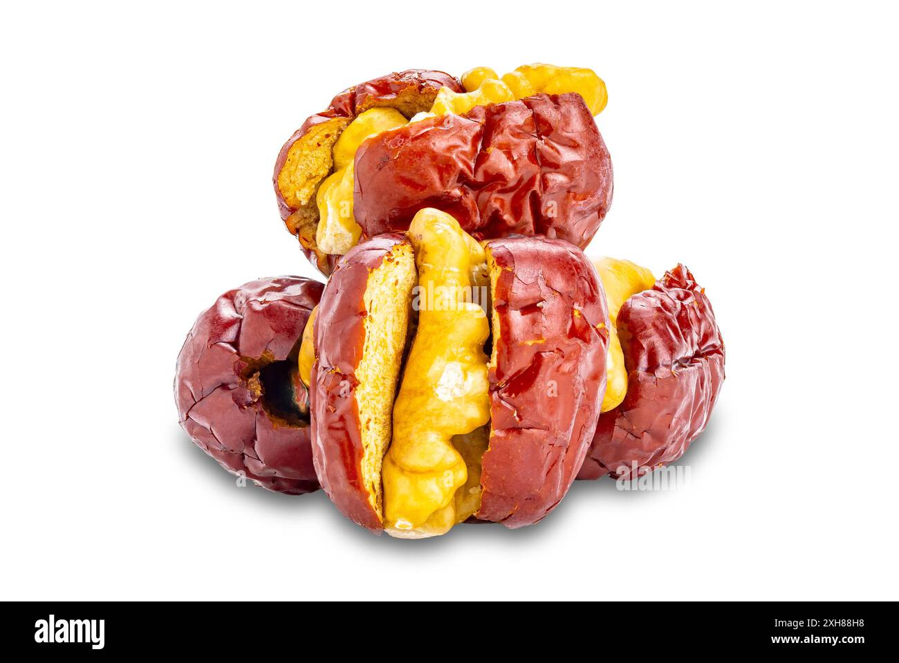 Closeup view pile of dried pitted chinese jujube stuffed with crunchy ...