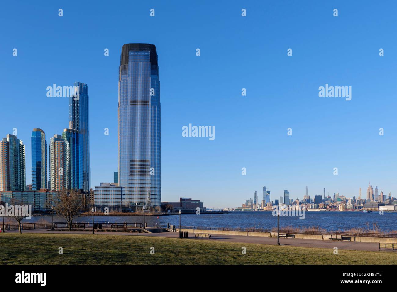 Exchange Place, New Jersey from Liberty State Park at spring with clear ...