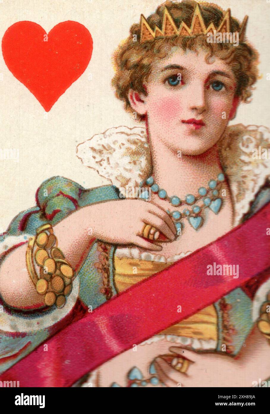 Close up of an antique playing card showing the queen of hearts Stock ...
